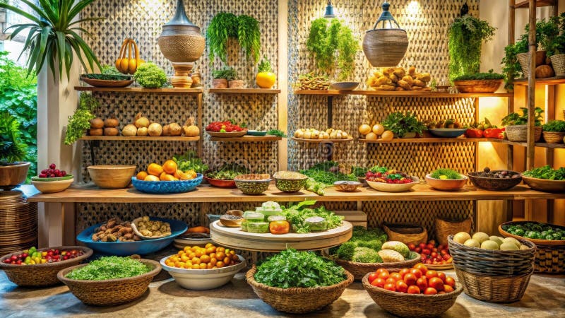 Abundant Fresh Produce Displayed on Wooden Shelves in a Rustic Market ...