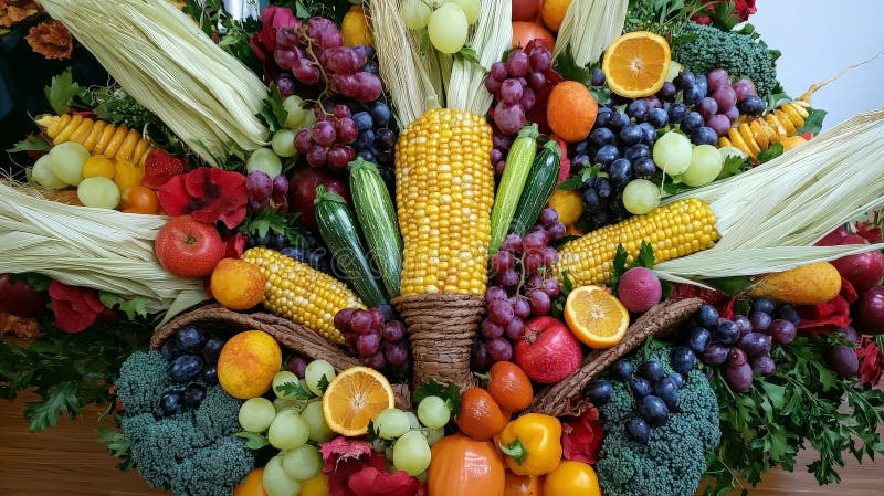 Abundant Harvest Cornucopia Overflowing with Fresh Fruits, Vegetables ...