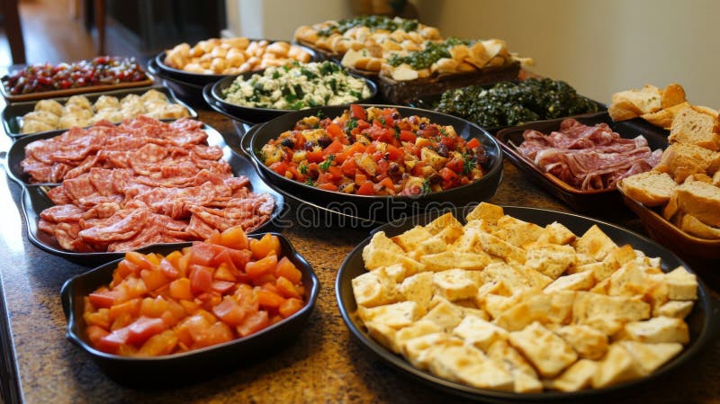 Abundant Italian Food Buffet Display Featuring Various Appetizers Stock ...
