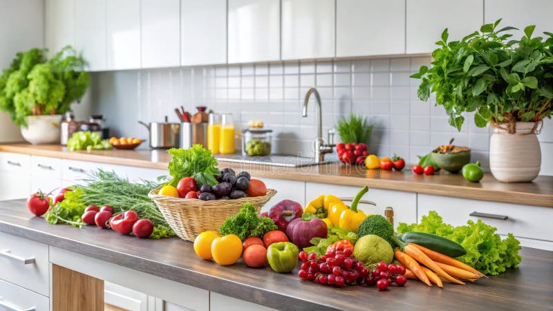 Abundant Kitchen Counter Display Featuring Freshly Harvested Produce ...