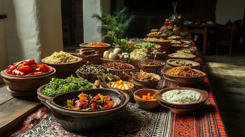 Abundant Medieval Feast Buffet, Stone Hall, Rustic Setting Stock Photo ...