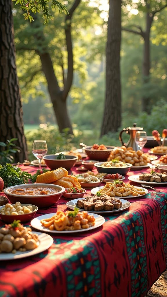 Abundant Outdoor Feast on a Decorated Table in a Forest Setting Stock ...