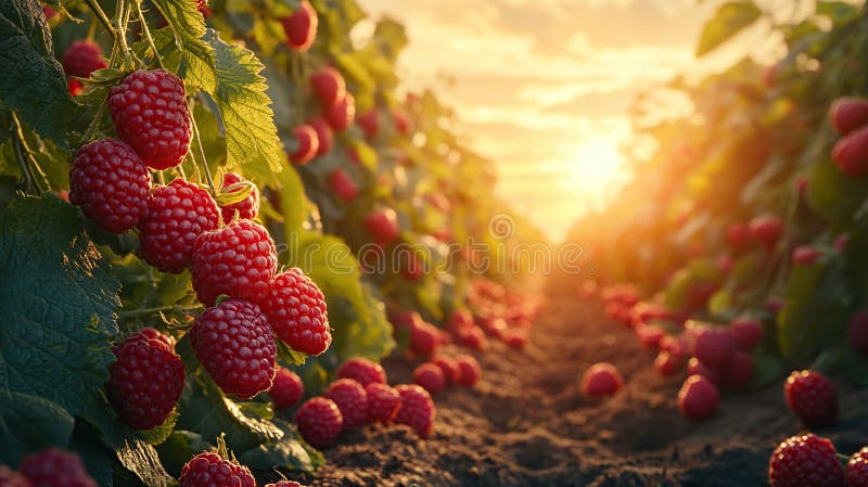 Abundant Raspberries in Sunset Field, Ready Harvest Stock Illustration ...