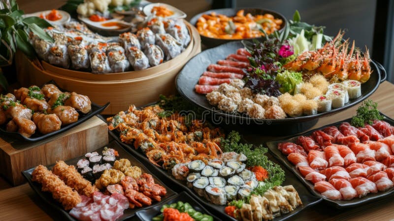 An Abundant Spread of Asian Cuisine: Sushi, Dim Sum, and More Stock ...