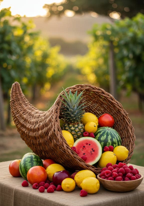 Abundant Summer Fruit in Wicker Cornucopia Stock Photo - Image of ...