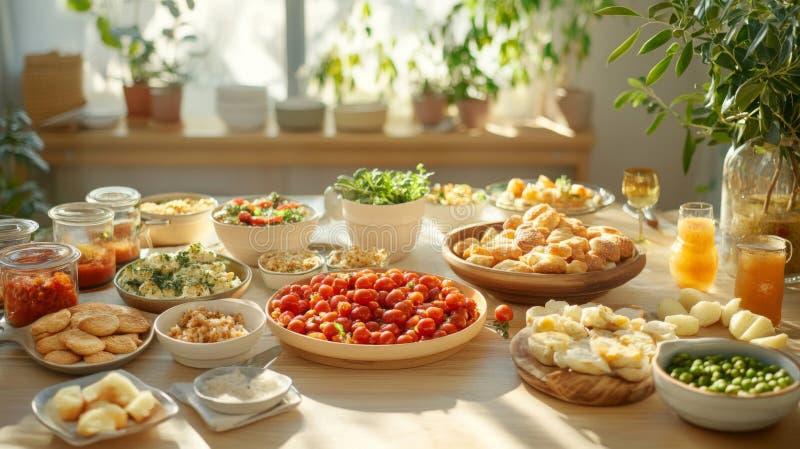 Abundant Sunlit Buffet Table with Varied Food Dishes Stock Illustration ...