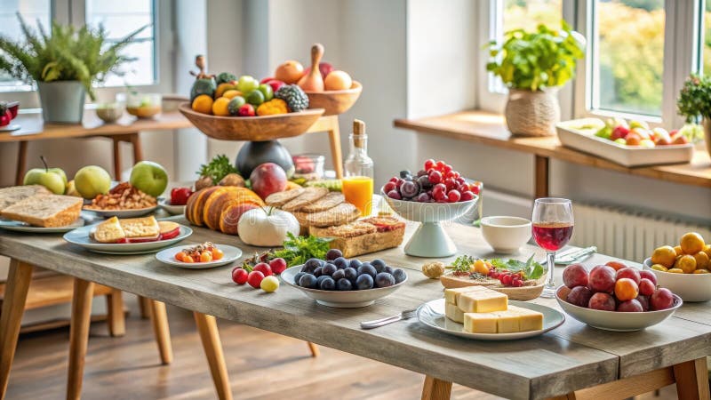 Abundant Table of Fresh Fruit, Bread, Cheese, and Wine, Ready for a ...
