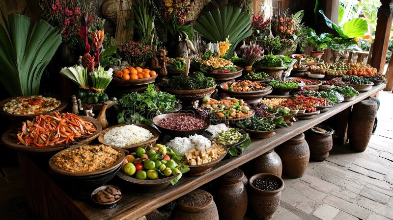 Abundant Tropical Buffet Feast, Rustic Setting, Jungle Backdrop ...