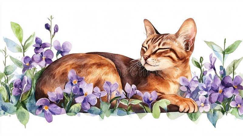 Abyssinian Cat with Violet Flowers Watercolor Painting Stock ...