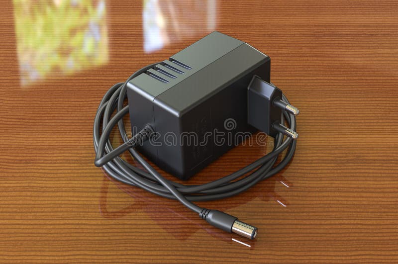 AC DC Adapter on the Wooden Table. 3D Rendering Stock Illustration ...