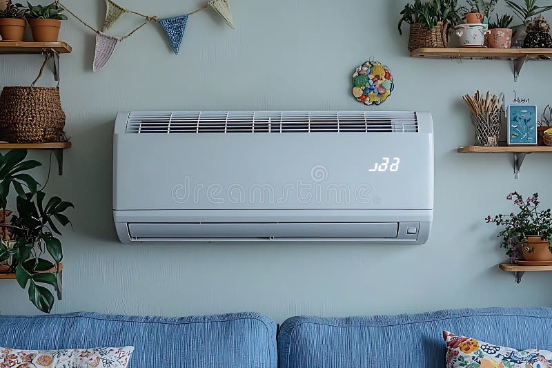 AC Mounted in Cozy Living Room with Plants Decor Stock Image - Image of ...