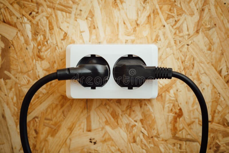 AC Power Plug and Socket, Wooden Osb Background Stock Photo - Image of ...