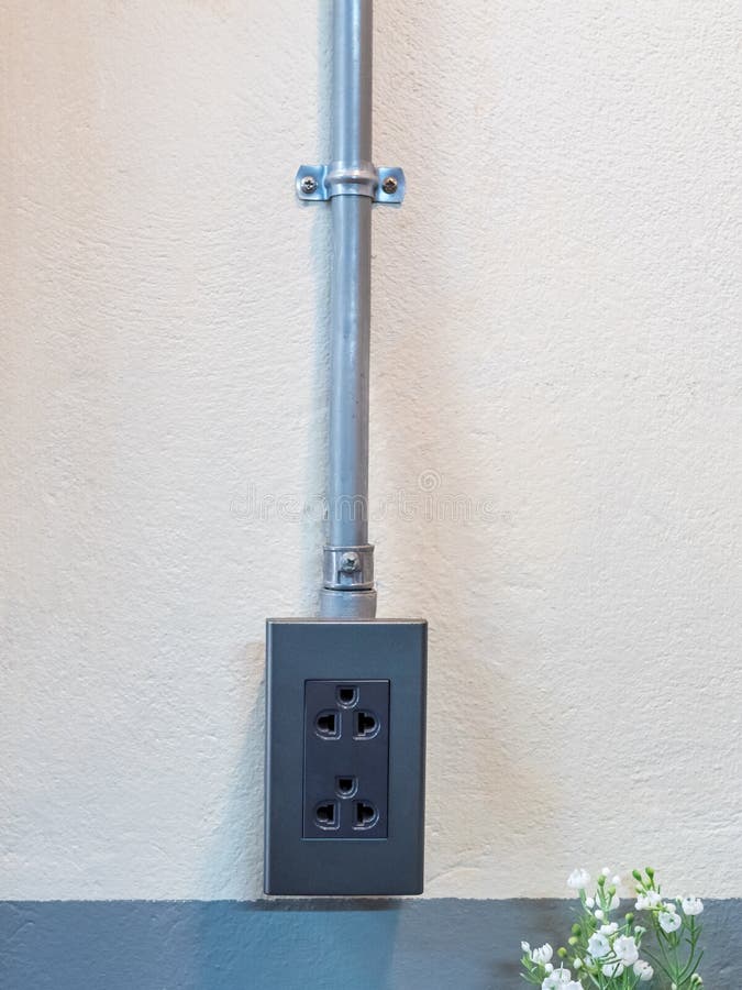 AC Power Socket, Loft Style and Metal Wire Pipes Stock Image - Image of ...
