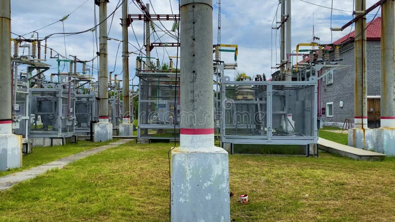AC Step-down Substation. Shooting in 4K Stock Footage - Video of fields ...