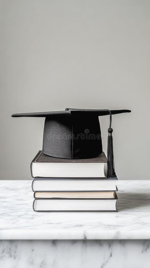 Academic Achievement: Black Graduation Cap on Stack of Books Stock ...
