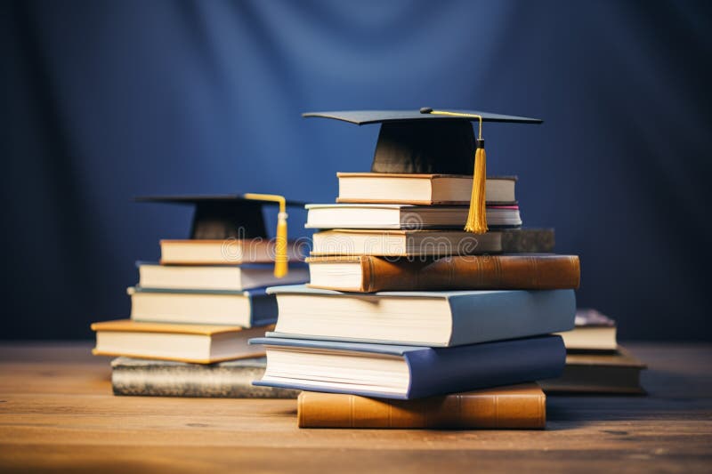 Academic Achievement Books Stacked for Studying, One Adorned with Cap ...