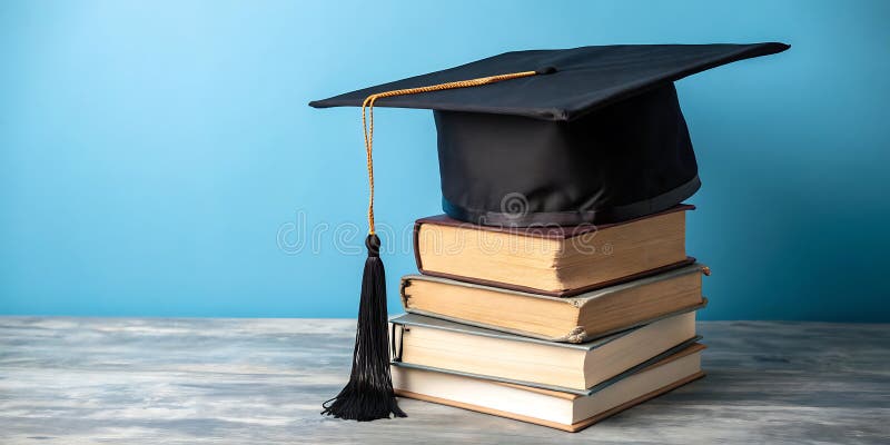 Academic Achievement Concept with Graduation Cap and Books on Blue ...