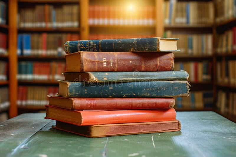 Academic Ambiance Old Books Stacked on a Rustic Wooden Table Stock ...