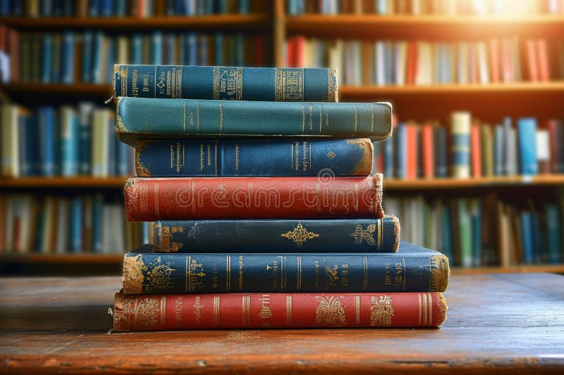 Academic Ambiance Old Books Stacked on a Rustic Wooden Table Stock ...