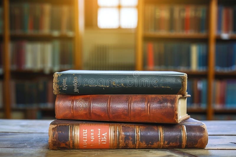 Academic Ambiance Old Books Stacked on a Rustic Wooden Table Stock ...