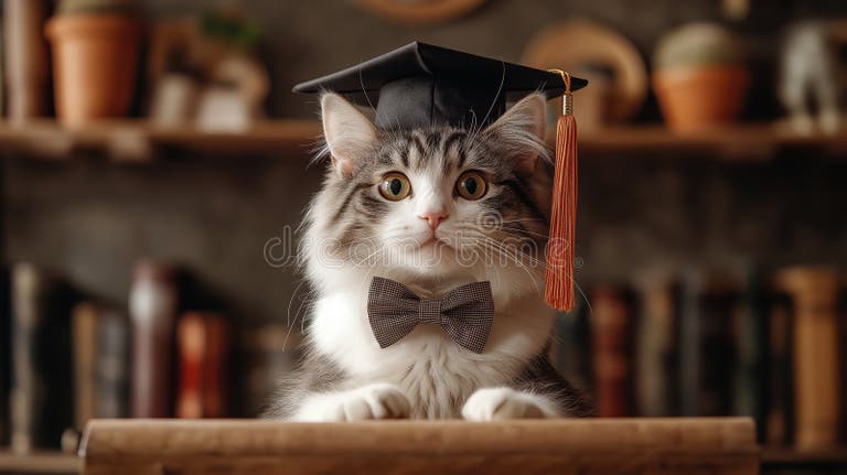 Academic Cat in Graduation Cap and Bow Tie in Library Setting Stock ...