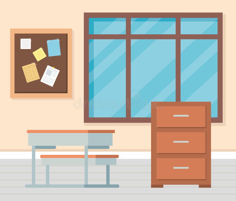 Classroom with Note Board and Window with Desk Stock Illustration ...