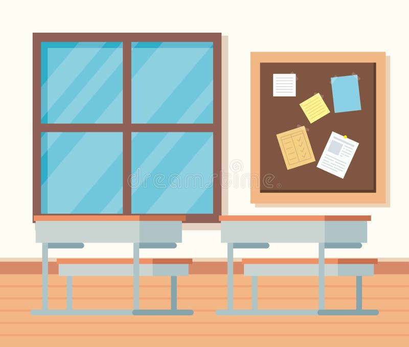 Classroom with Note Board and Window with Desk Stock Illustration ...
