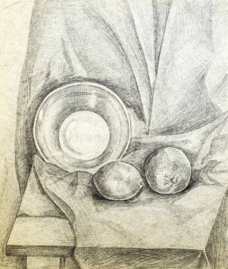 Academic Drawing of a Fruit and a Plate Stock Illustration ...