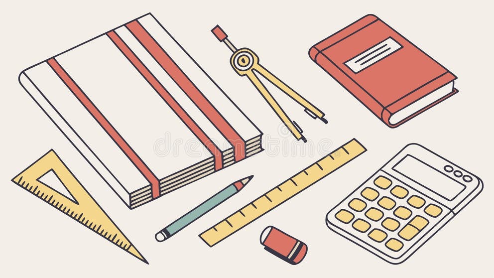 Academic Flat Lay, Stack of Books, Ruler, Calculator, Eraser, Vector ...