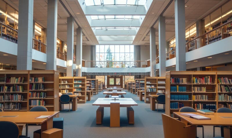 Academic Library Scene with High Book Stacks Stock Image - Image of ...