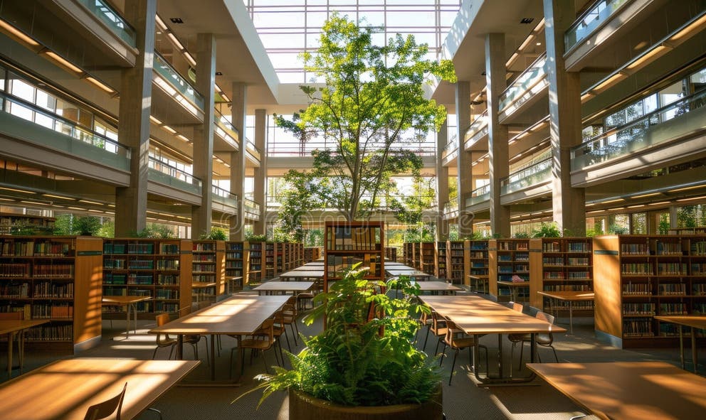 Academic Library Scene with High Book Stacks Stock Photo - Image of ...