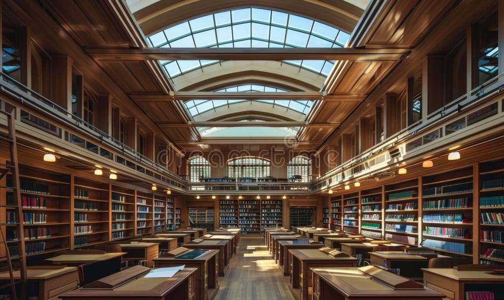 Academic Library Scene with High Book Stacks Stock Photo - Image of ...