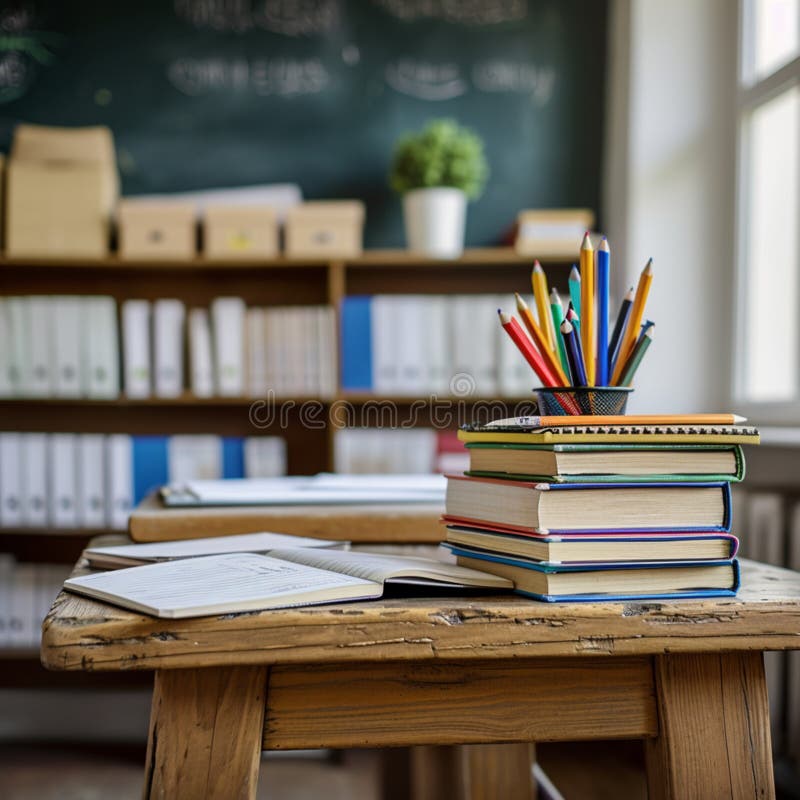 Academic Order Empty School Desk with Stationary and a Book Stack Stock ...