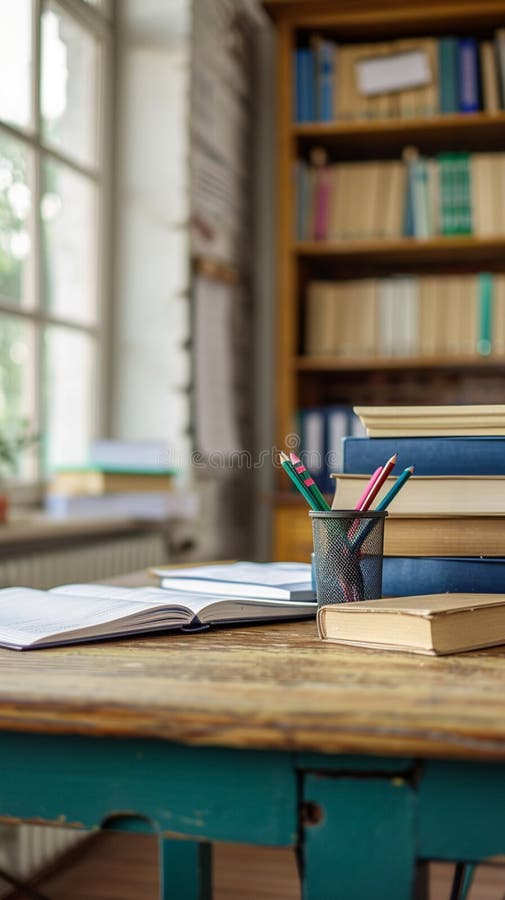 Academic Order Empty School Desk with Stationary and a Book Stack Stock ...