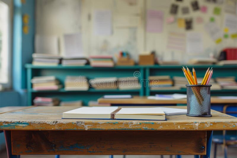 Academic Order Empty School Desk with Stationary and a Book Stack Stock ...