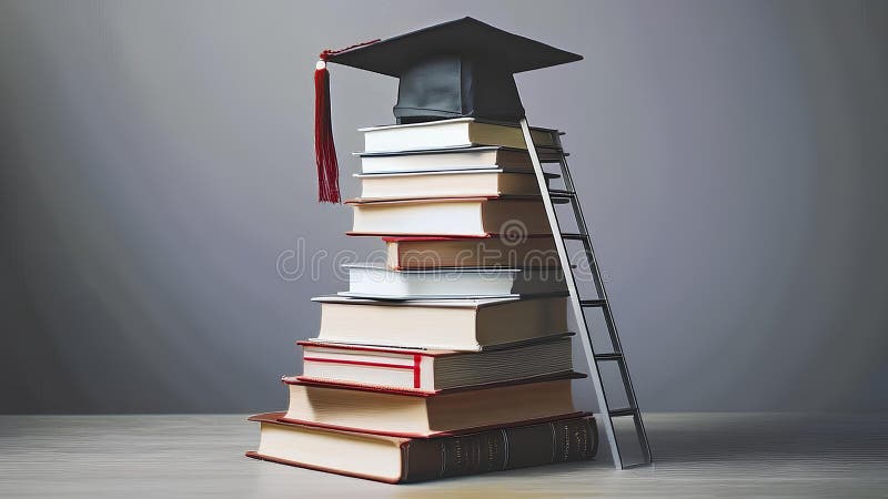 An Academic Square Cap Lies on a Pile of Books. a Large Stack of Books ...
