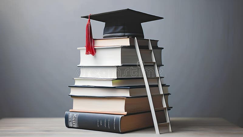 An Academic Square Cap Lies on a Pile of Books. a Large Stack of Books ...