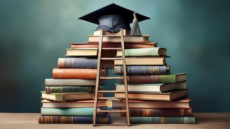 An Academic Square Cap Lies on a Pile of Books. a Large Stack of Books ...