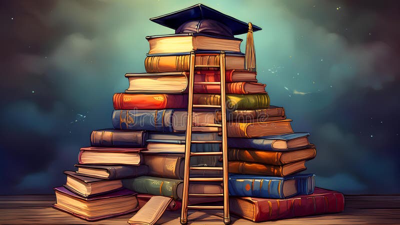 An Academic Square Cap Lies on a Pile of Books. a Large Stack of Books ...