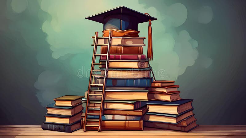 An Academic Square Cap Lies on a Pile of Books. a Large Stack of Books ...