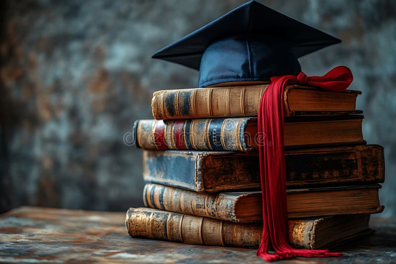 Academic Still Life Graduation Cap on Stack of Old Vintage Books Stock ...