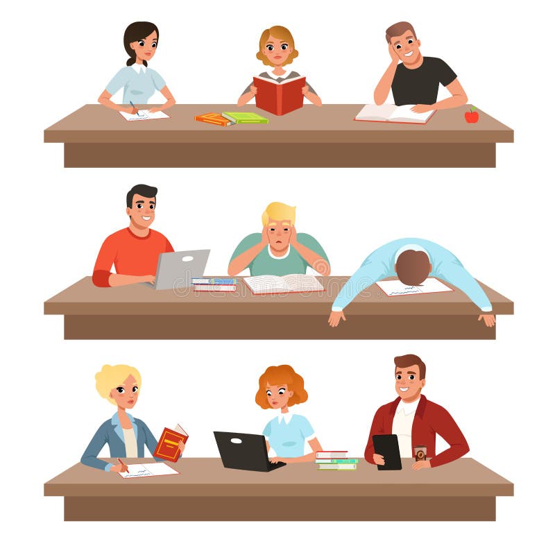 Academic Students in Learning Process Set, Young People Reading Books ...