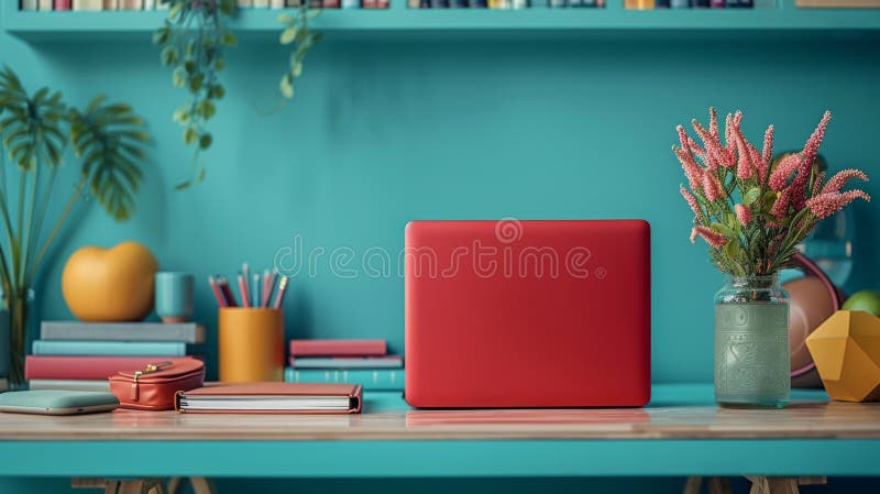 Academic Study Setup Red Laptop, Textbooks, Pencil Case on Table at ...