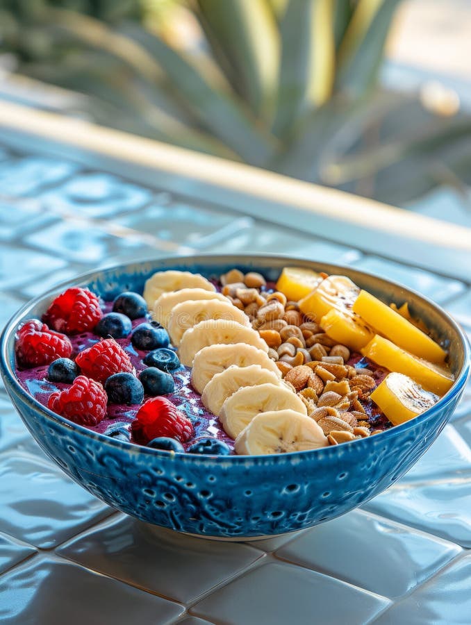 Acai Bowl with Fresh Fruit, Nuts, and Seeds in a Blue Bowl Stock Image ...