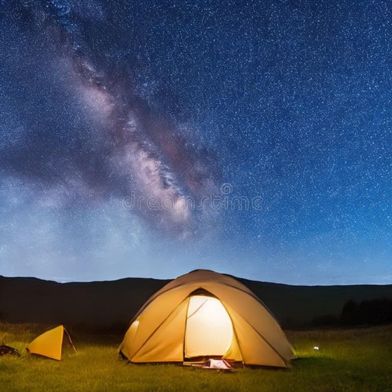 Camping Tent in Open Field. Camp Overnight. Camping Tent with Light on ...