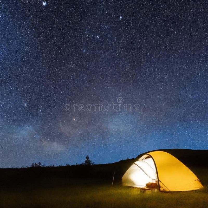 Camping Tent in Open Field. Camp Overnight. Camping Tent with Light on ...