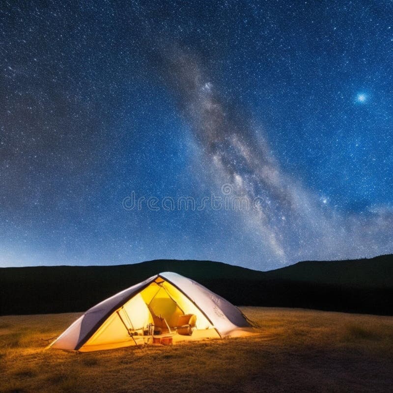 Camping Tent in Open Field. Camp Overnight. Camping Tent with Light on ...