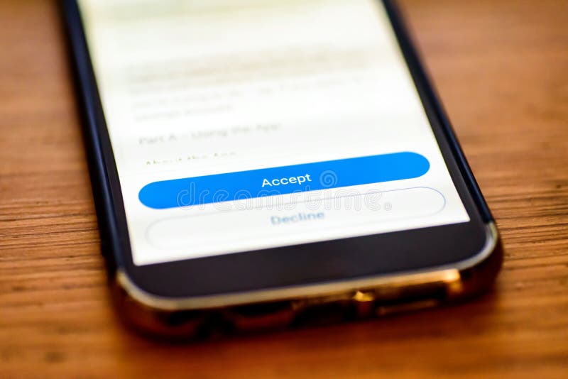 Accept Button on Smartphone App Screen Closeup Stock Photo - Image of ...