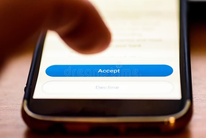 Accept Button on Smartphone Screen Closeup with Human Finger Pointing ...