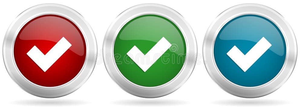 Accept Vector Icon Set. Red, Blue and Green Silver Metallic Web Buttons ...